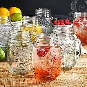 Glaver's Drinking Jars – Set of 6 Mason Jar Cups – 16 Oz Glasses with Handle, Ice-Cold Drinkware Logo – Jars are Ideal for Cold Beverages, Cocktails, Shakes, Sodas, Juice.