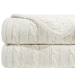 NTBAY Cotton Oversize Cable Knit Sherpa Twin Blanket for Couch (60"x80"), Soft Warm Fleece Knitted Throw for Bed, Sofa, Chair - Extra Cozy, Machine Washable, Comfortable Home Decor, White