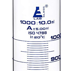 EISCO Graduated Cylinder, 1000ml - Class A Tolerance ±5.00ml - Round Base - Blue Graduations - Borosilicate 3.3 Glass