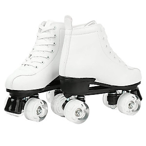 Gets Women's Roller Skates PU Leather High-top Roller Skates Four-Wheel Roller Skates Shiny Roller Skates for Girls Unisex (White Flash Wheel,US: 5.5)