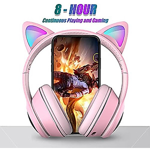 Zuri Sana Cat Ear Gaming Bluetooth 5.2 Wireless Foldable Headphones with LED Light, Over Ear Stereo Sound Music Headsets with Microphone AUX for PC TV Pad Cellphone Laptop Game Kids Adults Gift