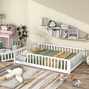 i-POOK Twin Floor Bed for Children, Sturdy Wood Montessori Bed Frame with Wood Slats, High Fence & Small Door, Montessori Floor Bed for Girls and Boys, White