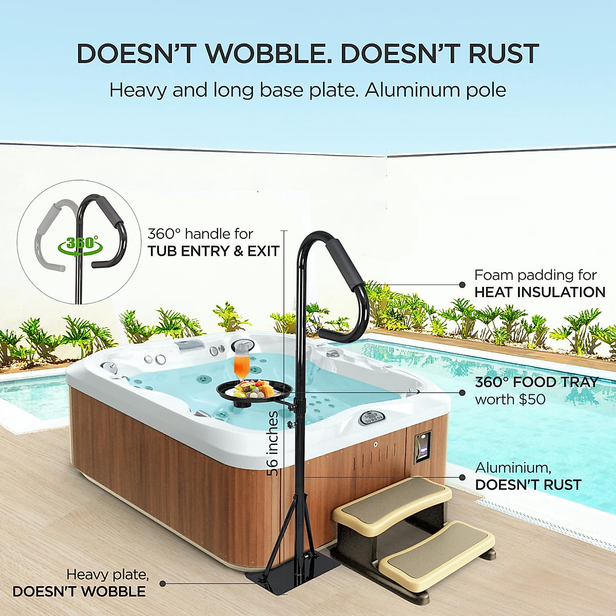 Hot Tub Handrail with Cup Holder Tray 56" Height 360 Rotatable Rust Proof Aluminum Hot Tub Railing with Slide Under Mount Base for Spa Hot Tub 600 LBS Capacity Hand Rail