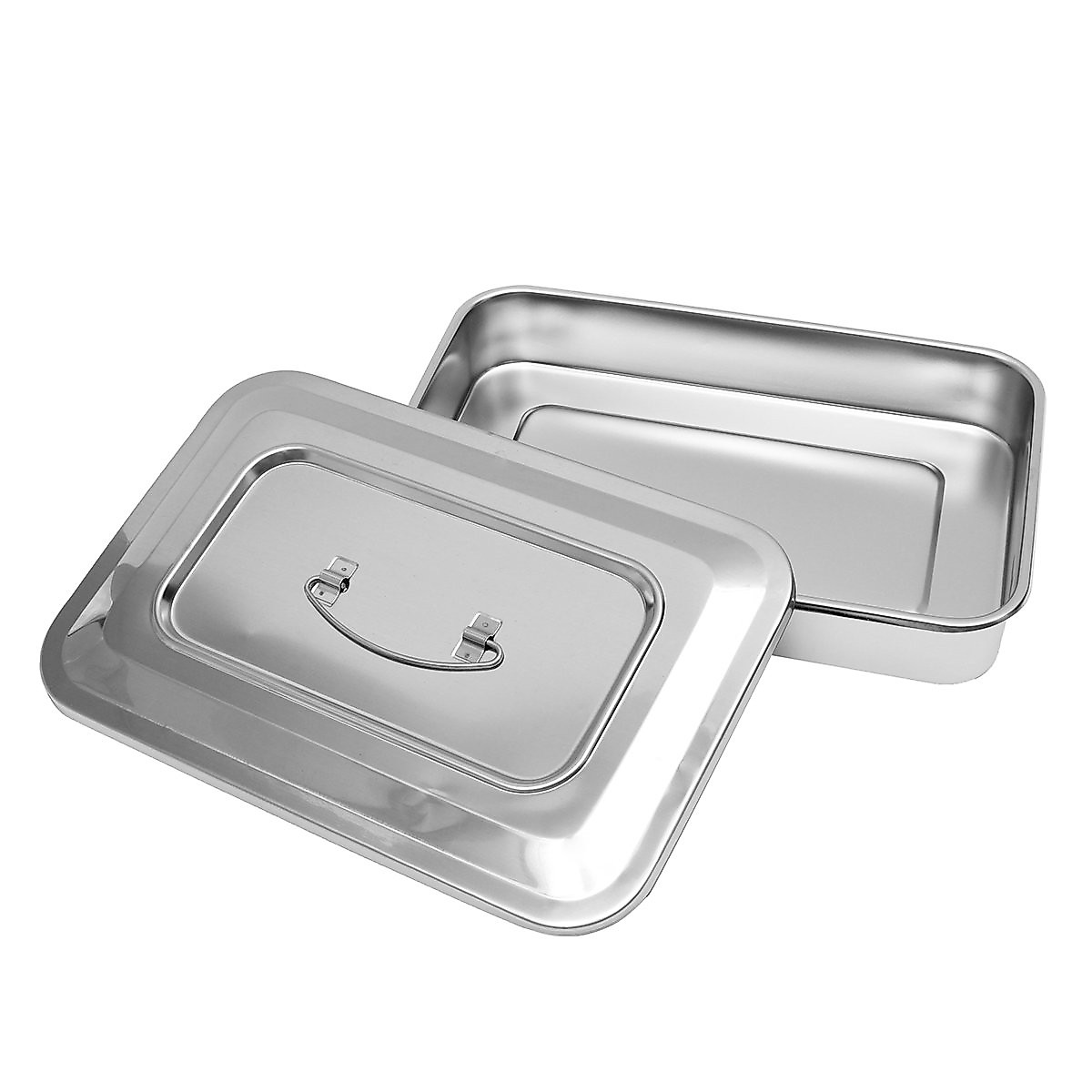 Stainless Steel Instrument Tray Organizer Holder with Lid & Handle Grip 12"x8"x2"