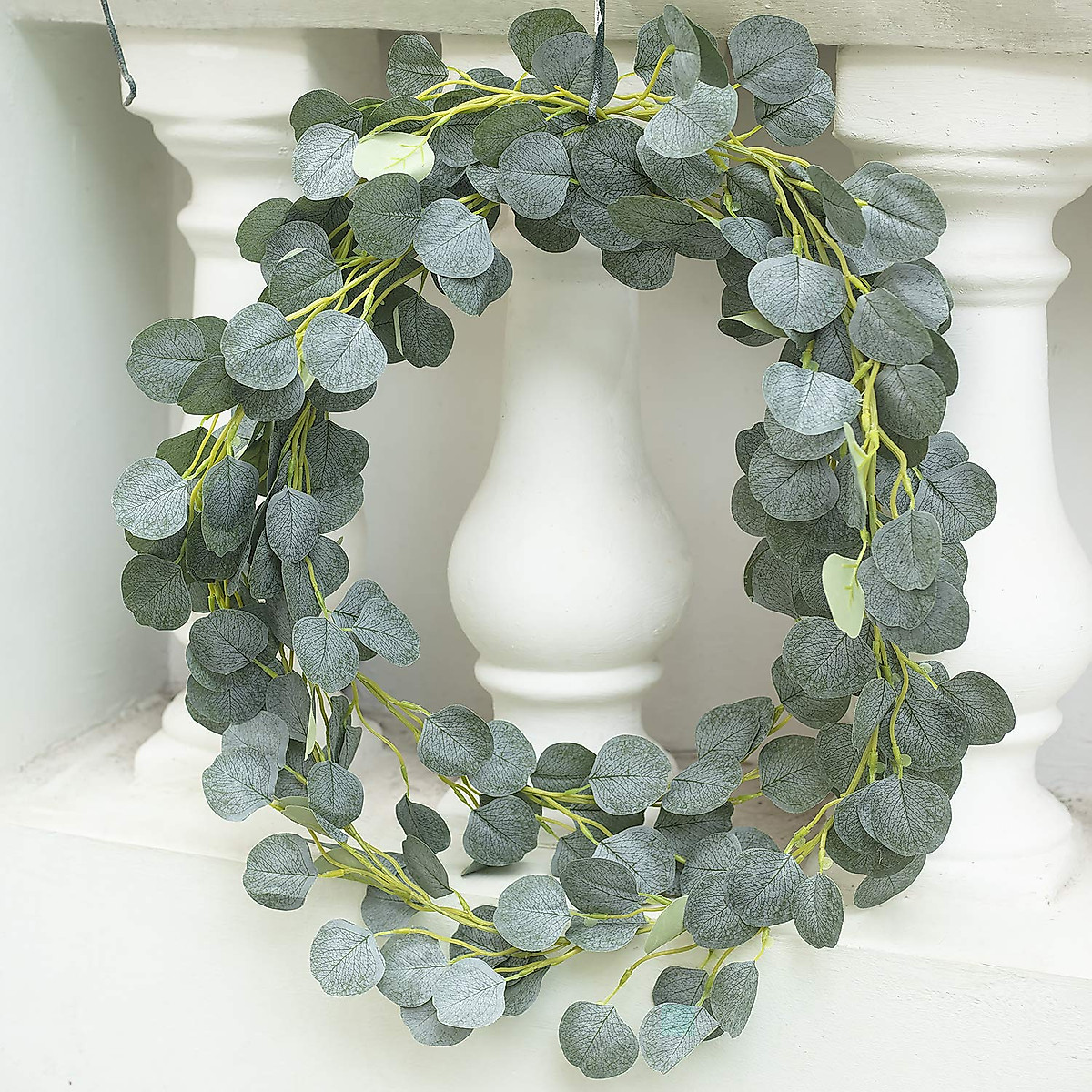 COOWAS 2 Pack Artificial Eucalyptus Leaves Garland Feet Fake Vine Leaves Greenery for Wedding Party Outdoor Garden Office Home Kitchen Bedroom Wall Decor