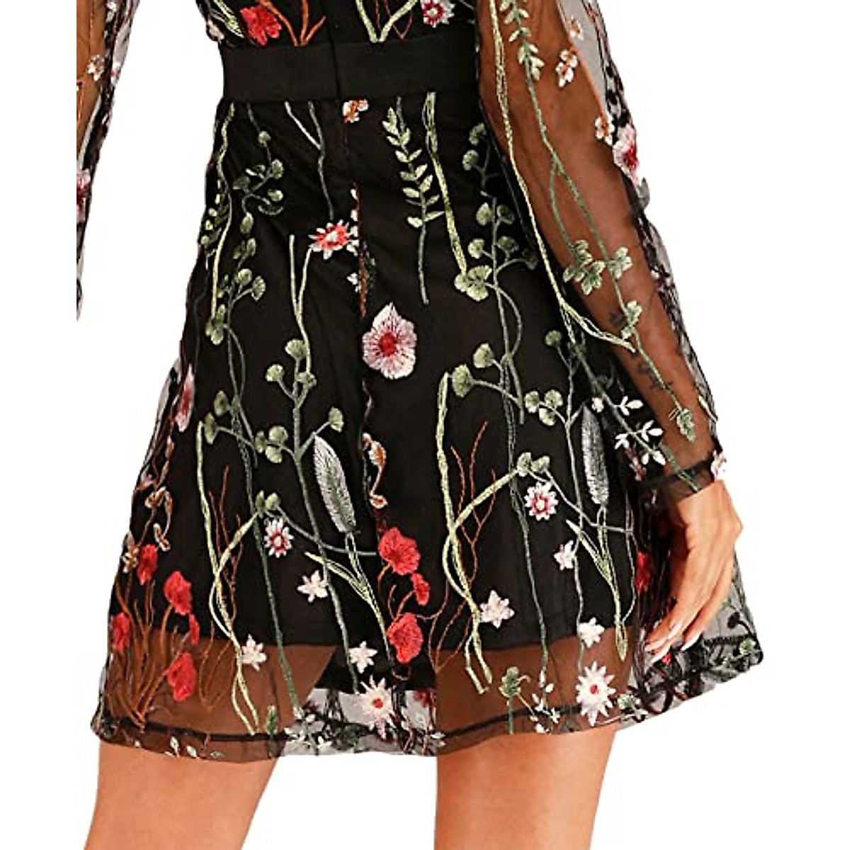 Milumia Women's Floral Embroidery Mesh Round Neck Tunic Party Dress Black Small