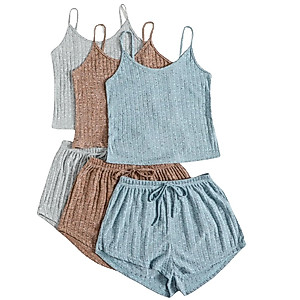 SheIn Women's 3 Sets Rib Knit Lounge Set Crop Cami Top and Tie Front Shorts Sleepwear Pajama Set Multicoloured Large