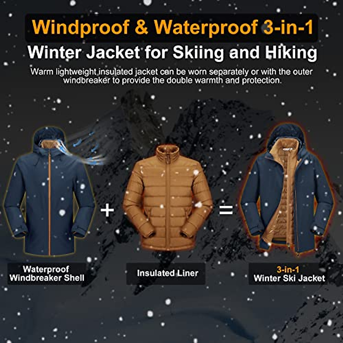 33,000ft Men's Waterproof 3-in-1 Ski Jacket, Warm Mountain Windbreaker Snow Rain Jackets Winter Coat with Puffer Jacket