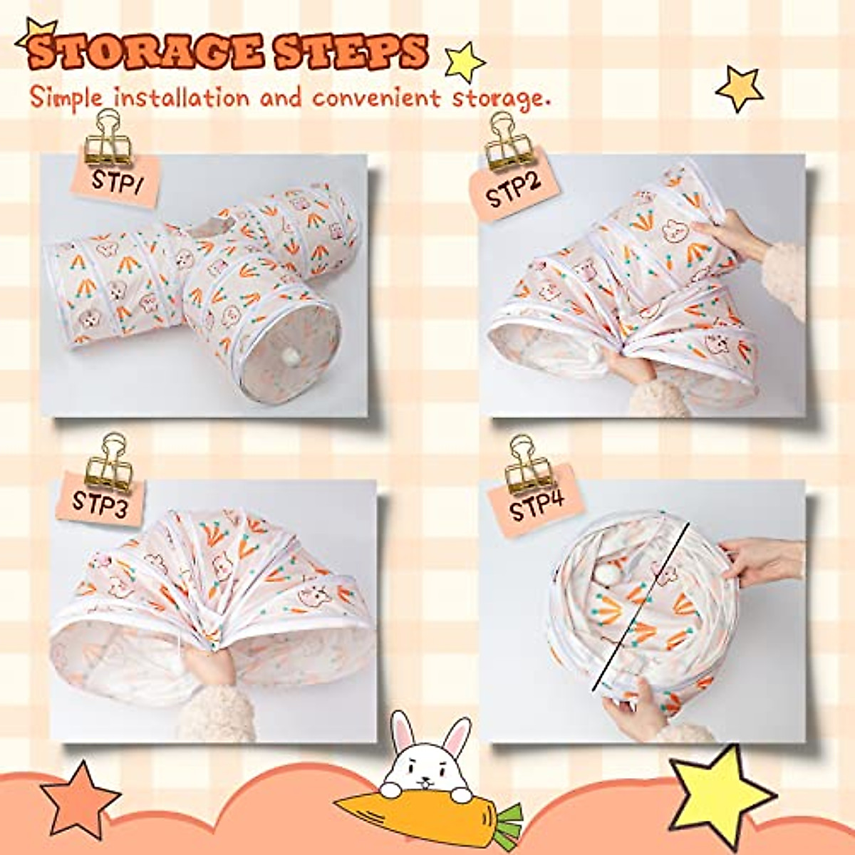 BWOGUE Bunny Tunnels & Tubes Collapsible Carrot Bunny Hideout Extra Large Small Animal Tunnel Toys for Dwarf Rabbits Bunny Guinea Pigs Kitty