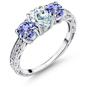 Gem Stone King 925 Sterling Silver Oval Sky Blue Aquamarine and Blue Tanzanite Ring For Women (1.79 Cttw, Gemstone Birthstone, Available In Size 5, 6, 7, 8, 9)