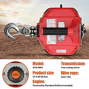Lonsge Portable Drill Winch of 1000 Lbs, Red Handheld Drill Winch with 40 Foot Synthetic Rope, Rotate The Hook 360 Degrees, for Lifting & Dragging(Red)