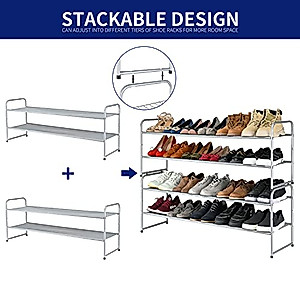 SUFAUY 2-Tier Shoe Rack, Stackable Fabric Shoe Shelf Storage Organizer for Entryway Closet, Extra Large Capacity, Silver