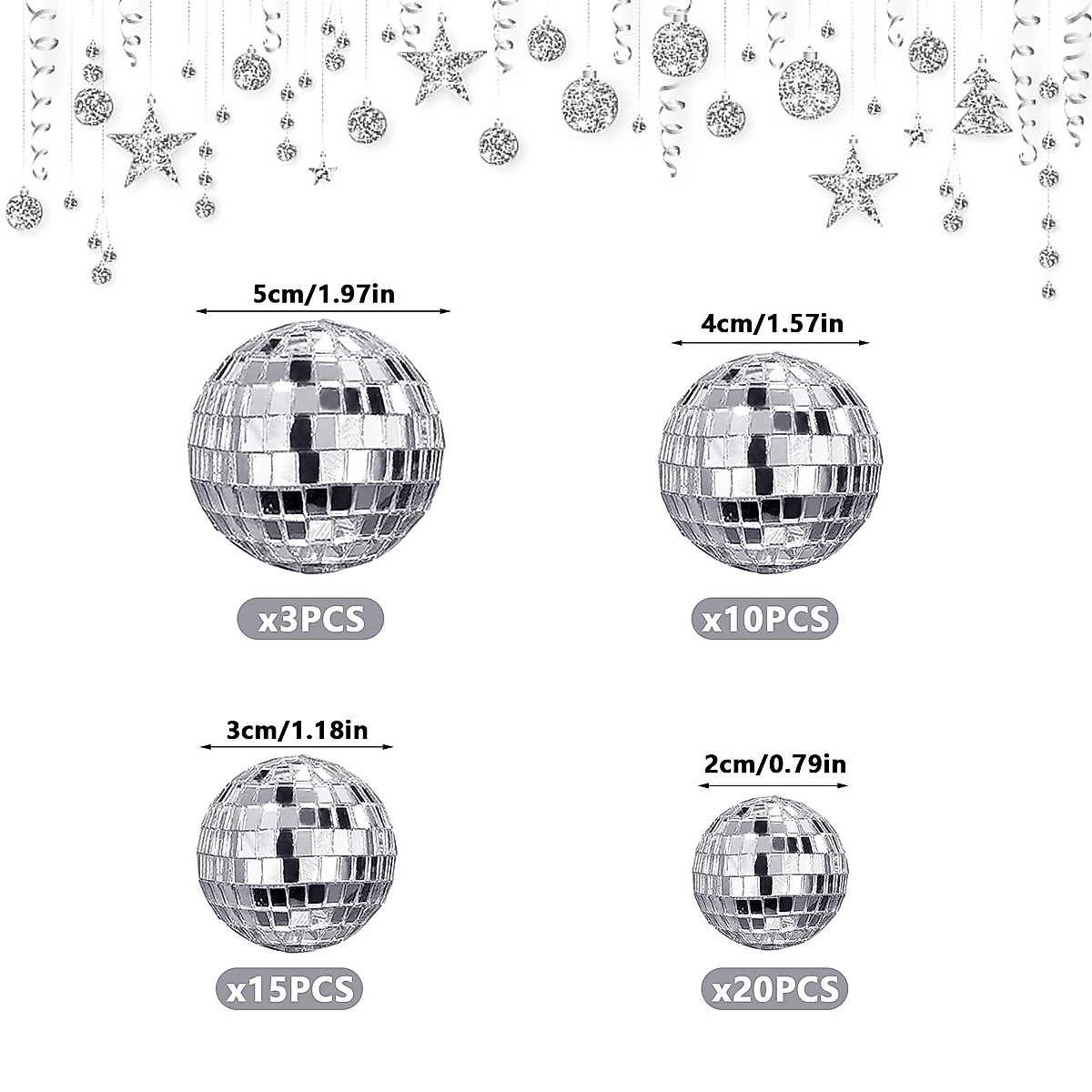 48 PCS Mirror Ball Cake Decorations - Reflective Ornaments for 70s Disco Themed Parties, Christmas Trees & Dance Music