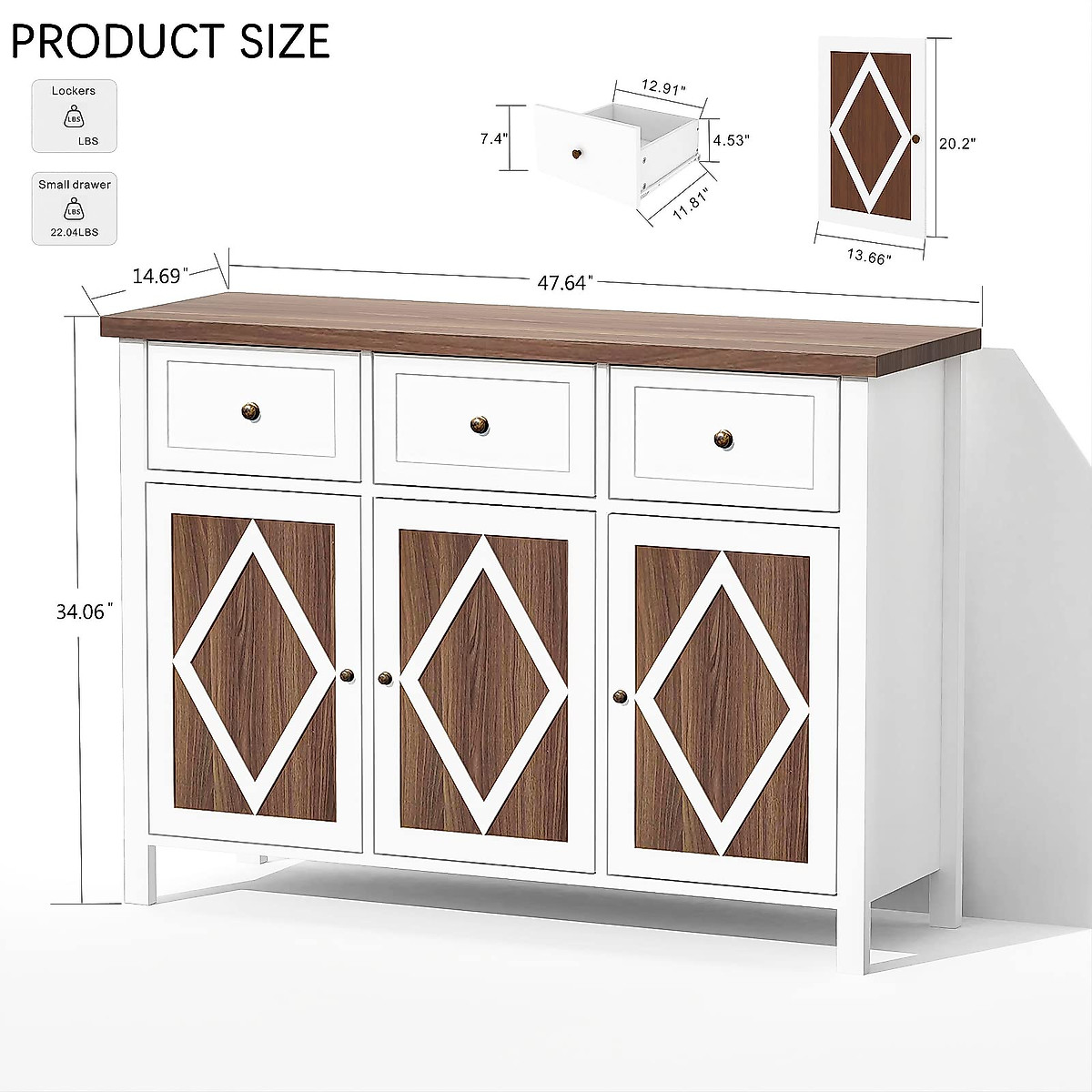 Sideboard Buffet Cabinet with Storage, Kitchen Cabinet with 3 Doors and 3 Adjustable Shelves and 3 Drawers, Buffet Server Bar for Dining Room, Living Room