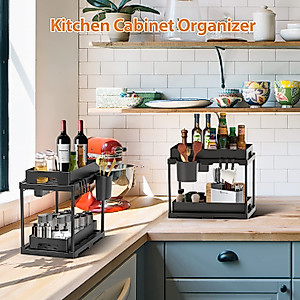 Warmodern 2 Pack Double Sliding Bathroom Cabinet Organizer, 2 Tier Under Sink Organizers And Storage, Bathroom Sink Organizer Baskets with 8 Hooks and 4 Hanging Cups, Under Sink Storage for Kitchen