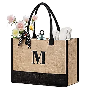 BeeGreen Birthday Gifts for Women Initial Jute Tote Bag for Friends Mother Bride Bridesmaid Teacher Appreciation Gifts Bag Beach Tote Bag with Handles Embroidery Large Personalized Gifts for Wedding M