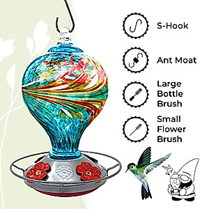 Hummingbird Feeder by Grateful Gnome - Large Hand Blown Stained Glass Feeder for Garden, Patio, Outdoors, Window with Accessories S-Hook, Ant Moat, Brush - 36fl oz, Large Blue Egg Design