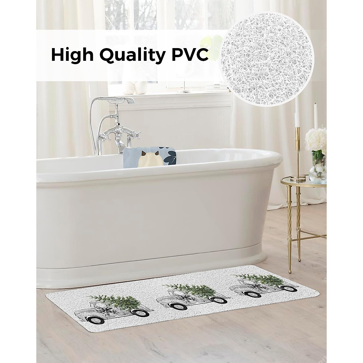 Shower Mat Non Slip Bathtub Mat Christmas Truck with Xmas Tree Grey Bath Mat Soft Loofah Shower Mats for Shower Tub Bathroom Quick Drying Foot Mat, 16x47 Inch
