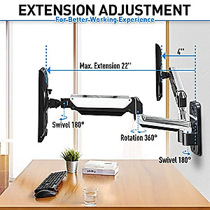 MOUNTUP Dual Monitor Wall Mount for 2 Max 32 Inch Computer Screen, Silver Polished Aluminium Full Motion Gas Spring Double Monitor Arm, VESA Bracket Support 3.3-17.6lbs, Swivel Monitor Stand Holder
