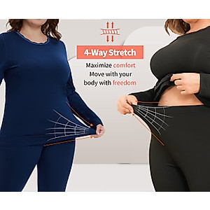 COOTRY Plus Size Thermal Underwear for Women Long Johns Fleece Lined Base Layer Sets Set - Lace Black 3XL