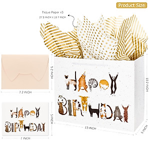 Crisky 13" Large Cat Happy Birthday Gift Bag with Tissue Paper and Card for Girls Kids Adults Women Birthday Party