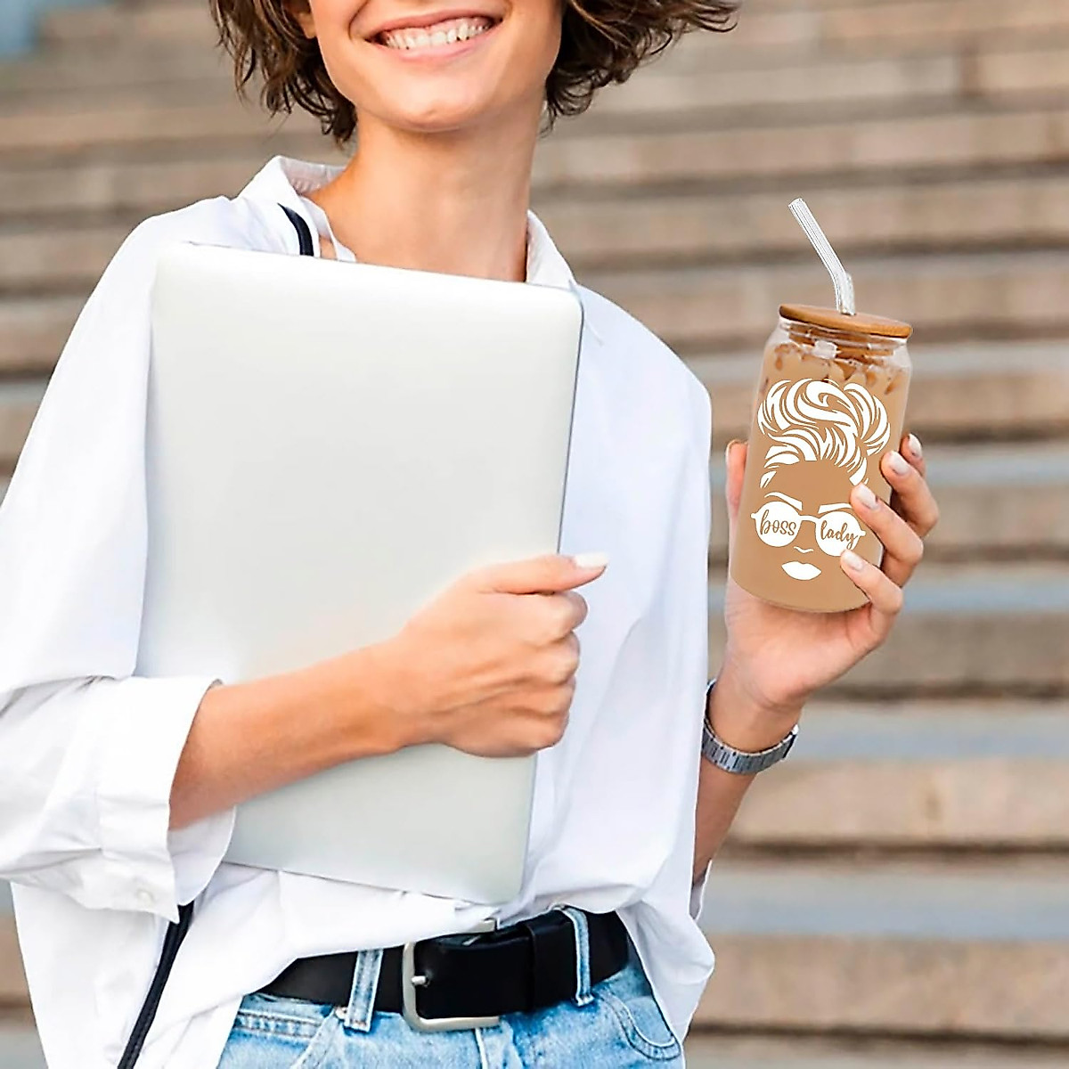 Boss Lady 16 Oz Glass Can Tumbler Gifts for Women - Present For Boss Woman - Funny Christmas, Birthday Gifts For Boss, Manager, Leader, Appreciation Gifts Coworkers,Colleagues, Women, Girl, Female
