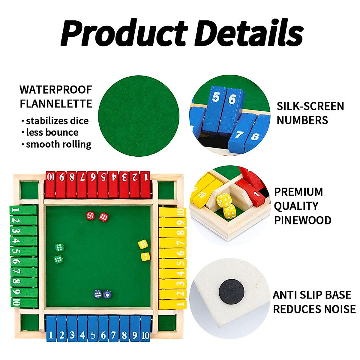 Nicecho Shut The Box Dice Game,2-4 Player Family Wooden Board Table Math Games for Adults and Kids, 8 Dices Classics Tabletop Version Games for Classroom,Home,Party or Pub