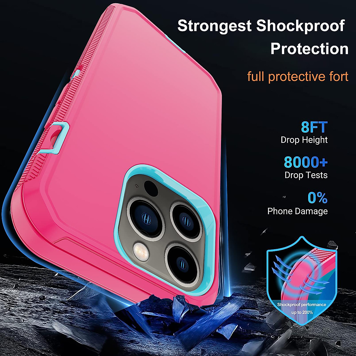 Annymall for iPhone 14 Pro Max Case with 2 Screen Protector, Heavy Duty Shockproof Drop Proof Military Rugged 3-Layer Tough Durable Protective Cover for Apple iPhone 14 Pro Max 6.7" (Pink/Blue)