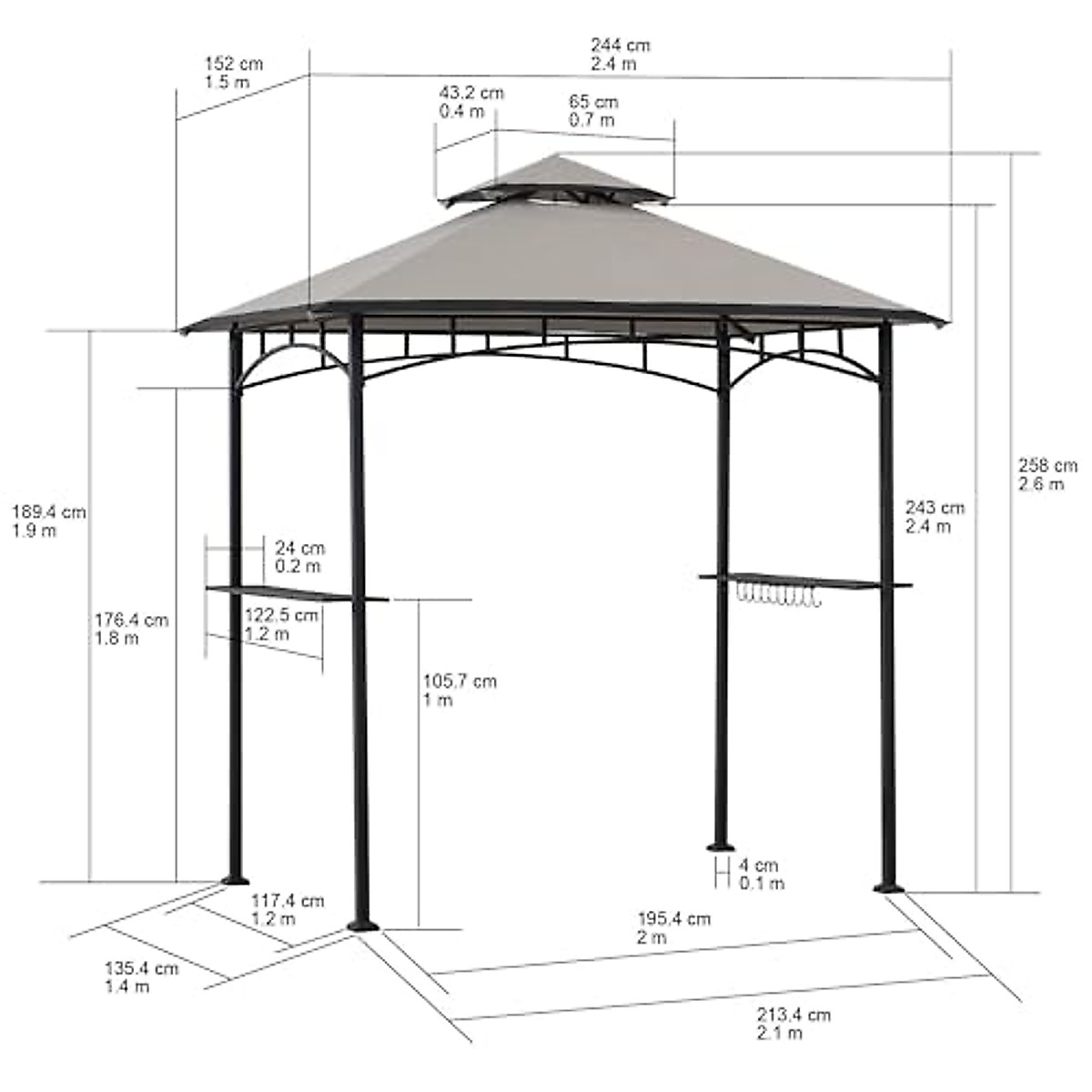Sunjoy 5 x 8 ft Grill Gazebo with Double Tiered Canopy Roof, Black Steel Frame Grill Gazebo for Outdoor, Patio, Garden, and Backyard Activities, Tan and Brown