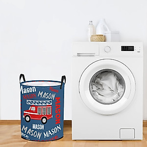 Fire Truck Blue Name Text Personalized Laundry Basket Hamper,Collapsible Storage Baskets with Handles for Kids Room,Clothes, Nursery Decor