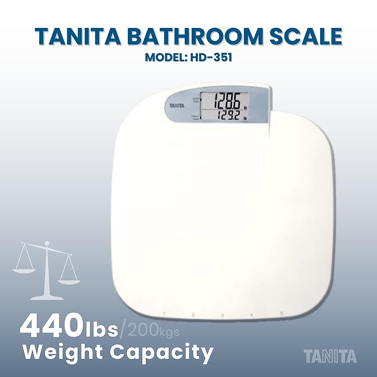 Tanita HD-351 Japan Technology Digital Bathroom Weight Scale- 440 lbs Capacity - Accurate & Precise with 5 Multi-User Convenience, Previous & Current Weight Memory - 2" Easy to Read Large Display