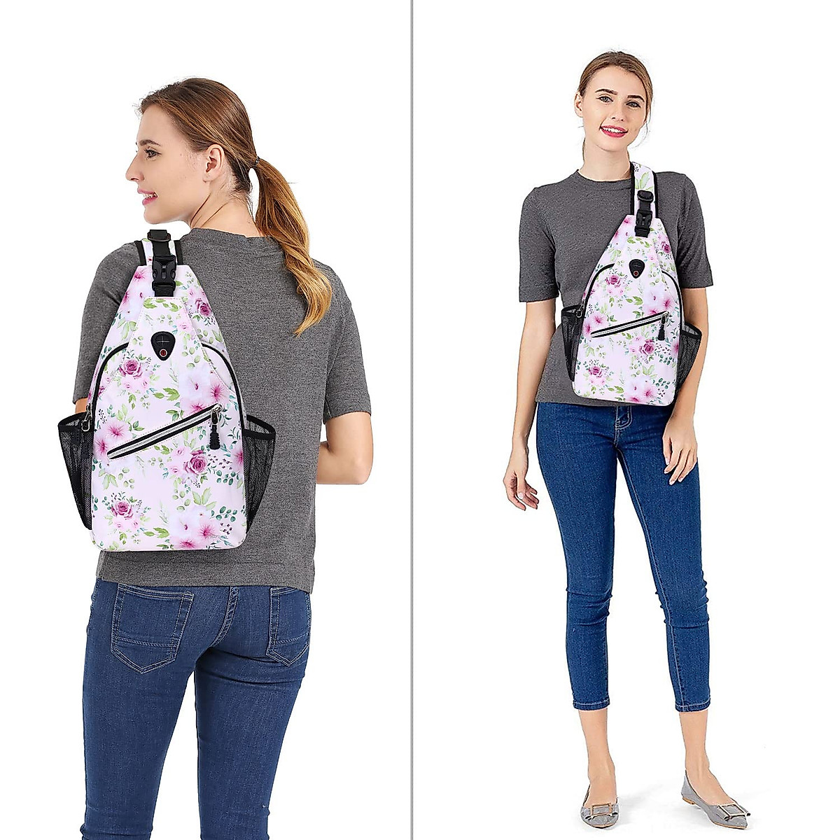 MOSISO Sling Backpack, Multipurpose Travel Hiking Daypack Rope Crossbody Shoulder Bag, Rose & Peach Flower