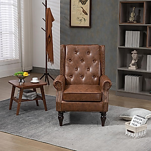 Homtique Faux Leather Accent Chair, Modern Living Room Chairs, Button Tufted Wingback Armchair with Wood Legs, Upholstered Bedroom Chair with Rivet Decoration, Leisure Reading Chair, Brown