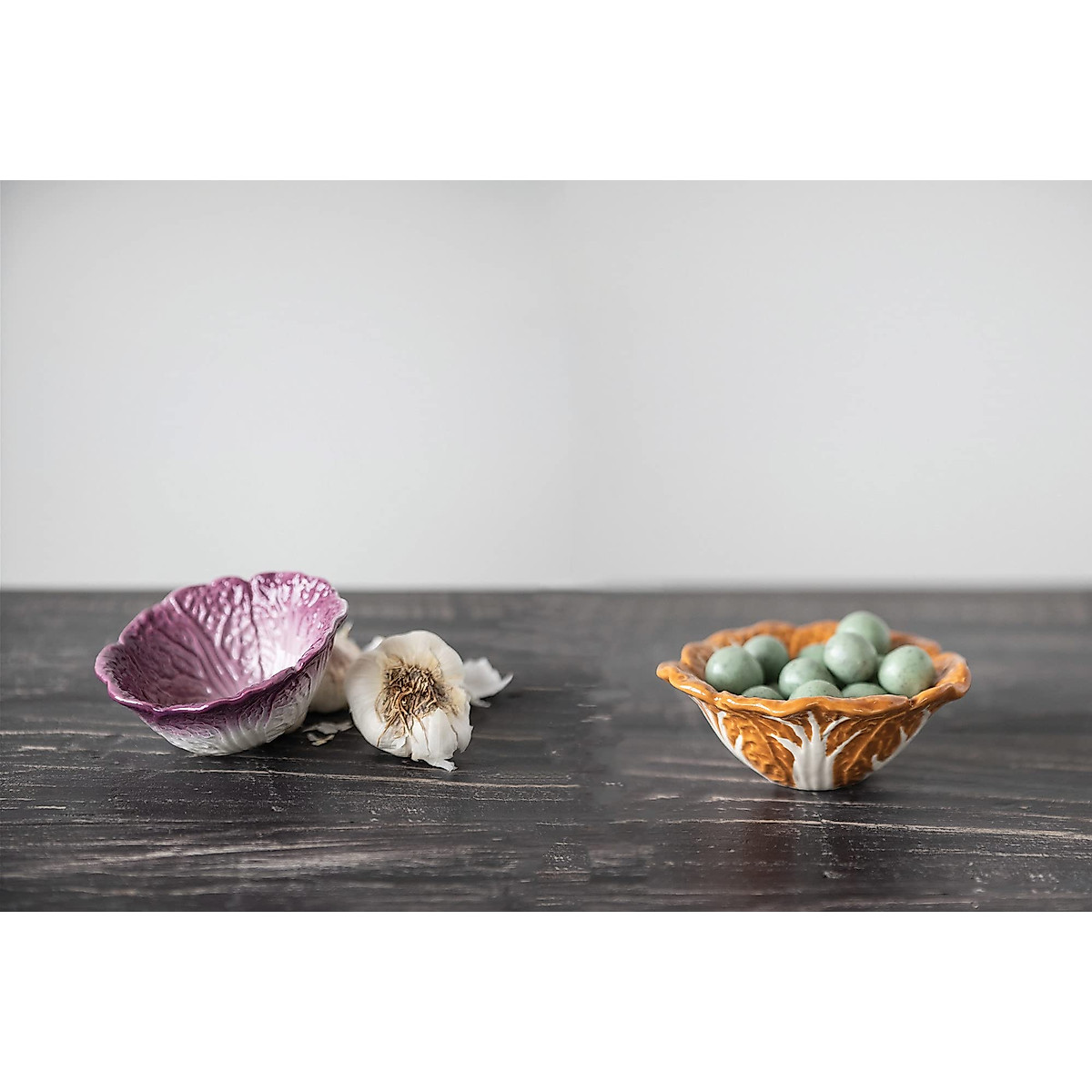 Creative Co-Op Hand-painted Set of Cabbage Shaped Stoneware Bowls, Set of 2,Orange & Purple