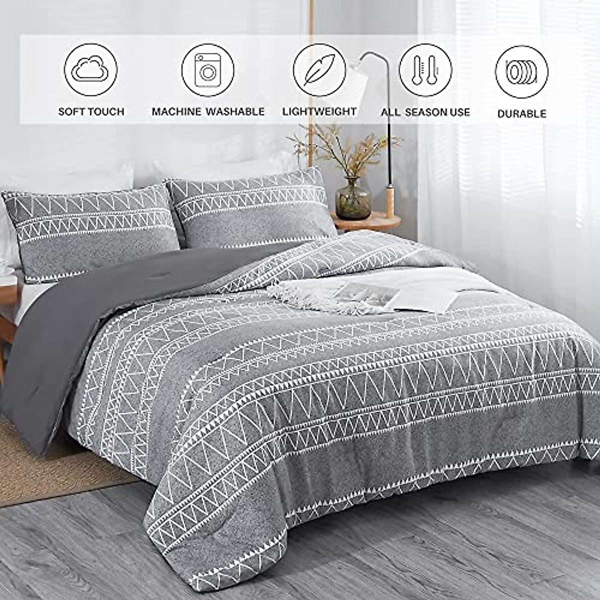 Atarashi Grey Comforter Set Twin, Soft Microfiber Reversible Gray Boho Down Alternative Comforter Set for Twin Bed- 2 Pieces (1 Solid Comforter + 1 Pillowcase), Bedding Duvet Set 66"x 90"