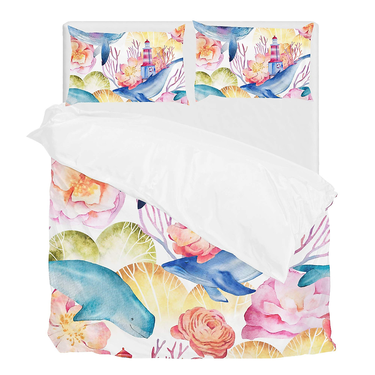 Find Sun Watercolor Whales Beluga Lighthouse Duvet Cover Set Twin Bedding set Covers 1 Duvet Cover and 1 Pillow Shams without Comforter