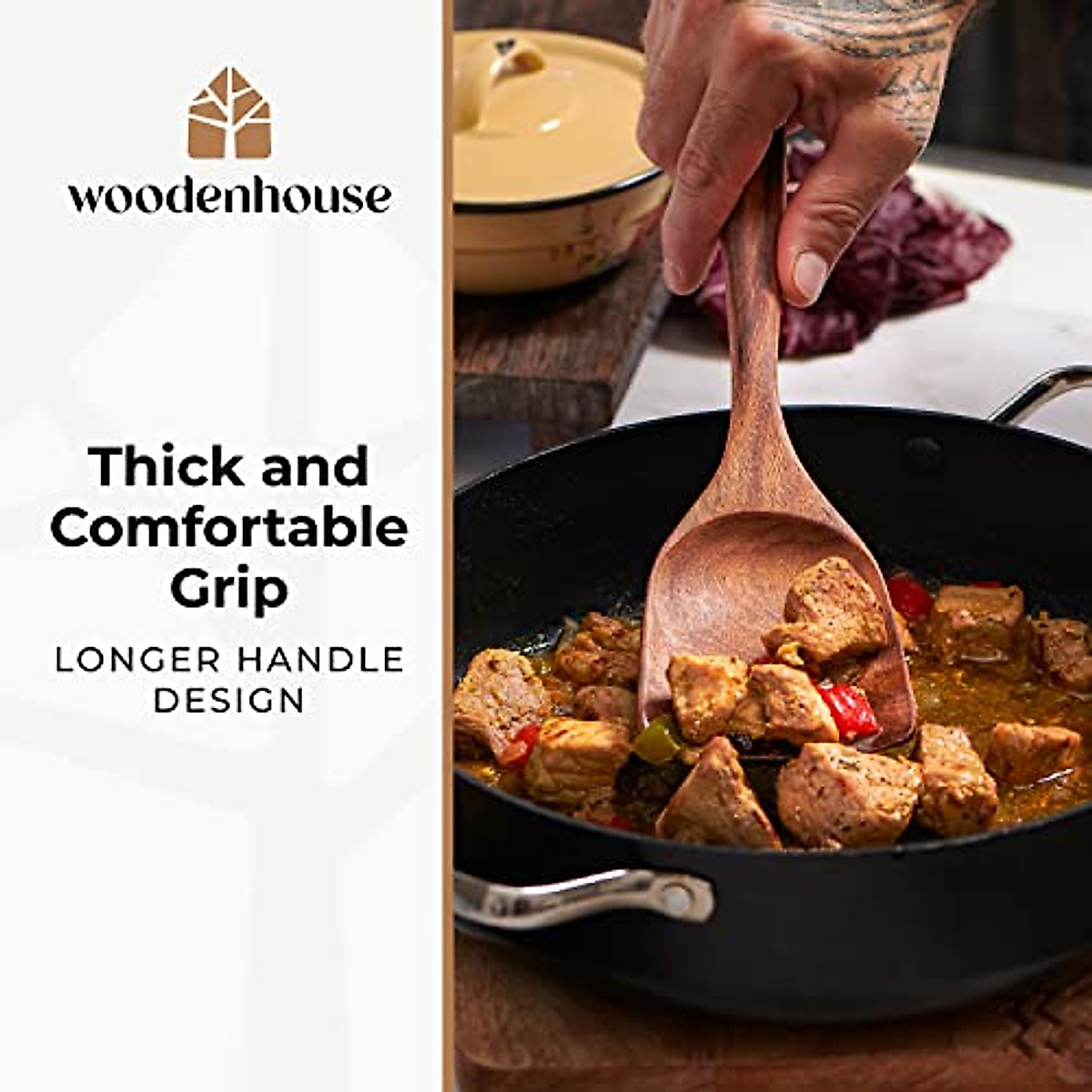 Wooden Spoons for Cooking, Wooden Cooking Utensils Set with Holder & Spoon Rest, Teak Wood Spoons and Wooden Spatula for Cooking, Nonstick Natural and Healthy Kitchen Cookware, Durable Set of 13pcs