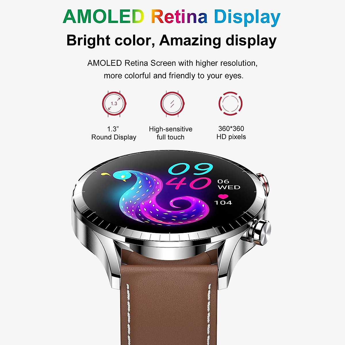 HOAIYO Smart Watches for Men Women (Call Receive/Dial), AMOLED Smartwatch with Heart Rate SpO2 Sleep Calories Counter, Waterproof Fitness Watch for Android iOS Phones (23Black, 1.5")