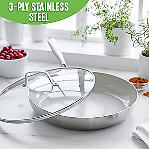GreenLife Tri-Ply Stainless Steel Healthy Ceramic Nonstick, 12" Frying Pan Skillet with Lid, PFAS-Free, Multi Clad, Induction, Dishwasher Safe, Oven Safe, Silver