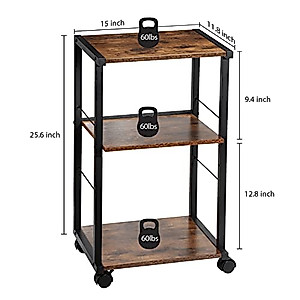 MOOACE Printer Stand, 3 Tier Under Desk Home Printer Cart on Wheels, Industrial Height Adjustable Wood Rolling Printer Table for Fax Machine, Scanner,Rustic Brown and Black