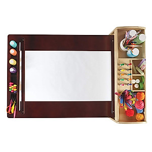 Guidecraft Deluxe Art Center: Drawing and Painting Table for Kids, W/ Two Stools, Craft Supplies Storage Shelves, Canvas Bins, Paper Roll – Preschool Toddler Wooden Learning Furniture