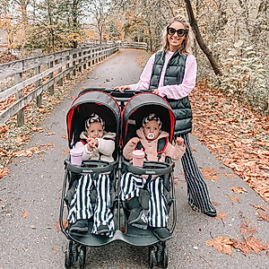 Kolcraft Cloud Plus Side-by-Side Lightweight Double Baby Stroller and Toddler Stroller with Reclining Seats, Child and Parent Trays, Large Storage, Extendable Canopies, Compact Fold - Red/Black