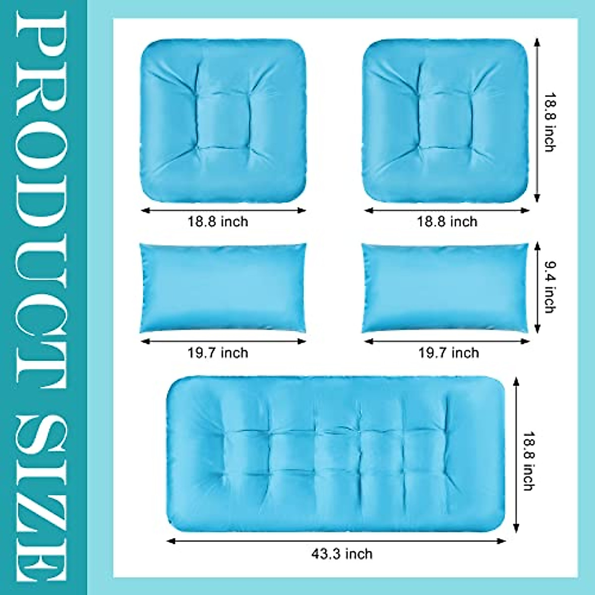 5 Pieces Wicker Patio Cushion Sets Include 1 Loveseat 2 U-Shape 2 Matching Chair Cushions Indoor Outdoor Tufted Settee Bench Cushions Replacement Loveseat Cushions for Outdoor Furniture (Light Blue)