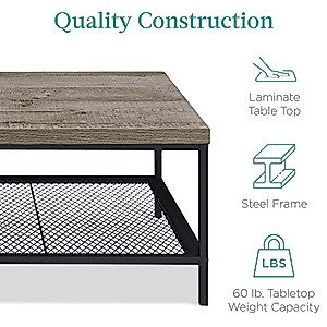 Best Choice Products 44in Modern Coffee Table, Large 2-Tier Industrial Rectangular Wood Grain Top Coffee Table, Accent Furniture for Living Room w/Mesh Shelf, Metal Frame - Gray