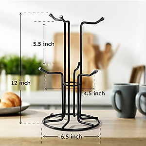 HULISEN Mug Tree for Large Mugs, Counter Coffee Mug Holder with 6 Hooks, Metal Standing Coffee Cup Tree for Easy Pick and Place, Mug Rack for Large Cups, Black