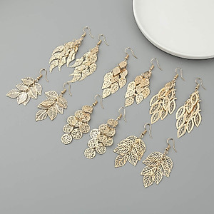 Starain 12 Pairs Gold Hoop Earrings for Women Long Layered Leaf Earrings Vintage Statement Dangle Drop Earrings Set