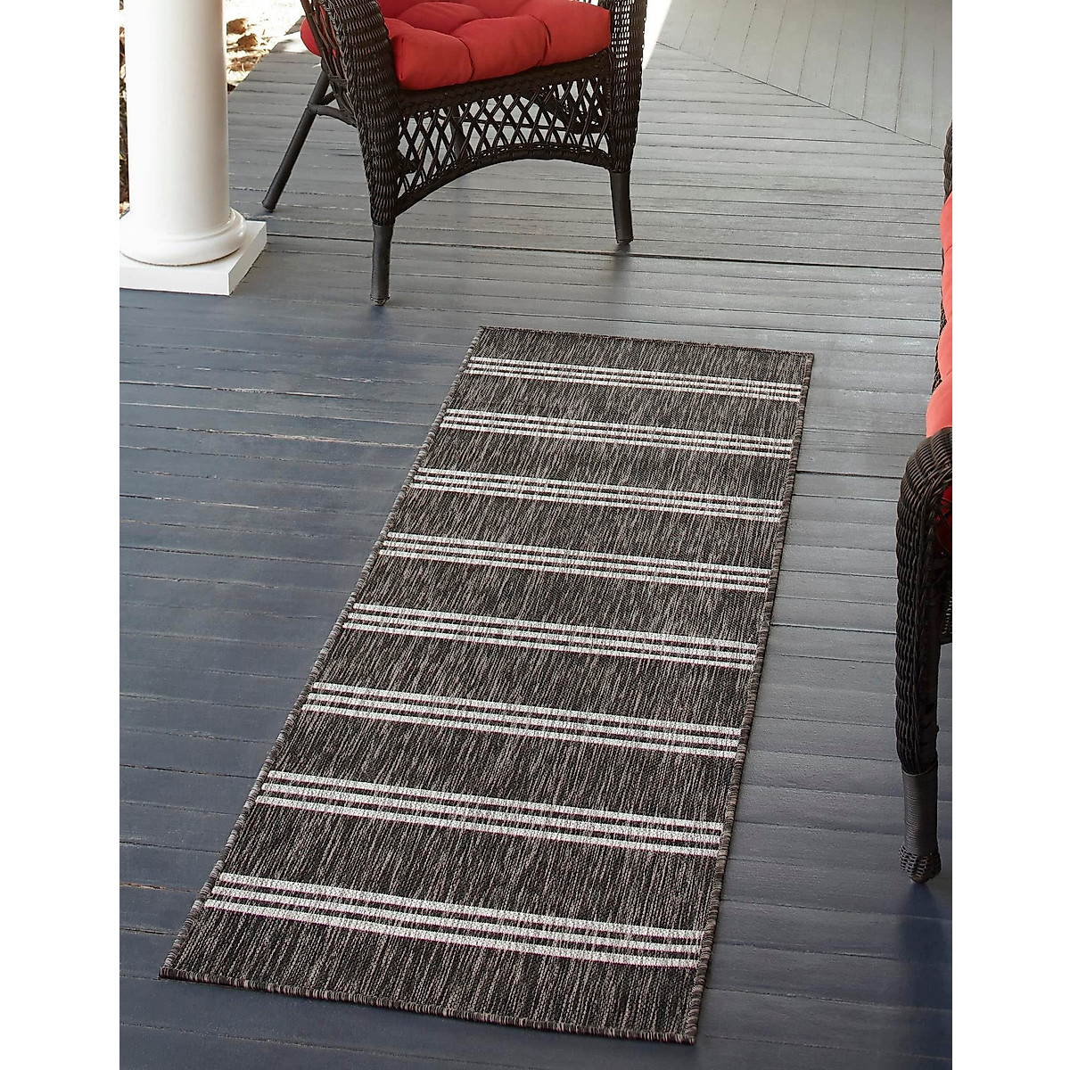 Rugs.com Jill Zarin Outdoor Collection Rug – 2' 7 x 12' Runner Charcoal Flatweave Rug Perfect for Hallways, Entryways