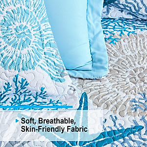 Tritard 3 Piece Coastal Quilt Sets Full/Queen Size - Reversible Microfiber Quilts with 2 Shams Soft Lightweight Beach Bedding Nautical Bedspread Coverlet Summer Comforter for All Season, 90''x96'', C1
