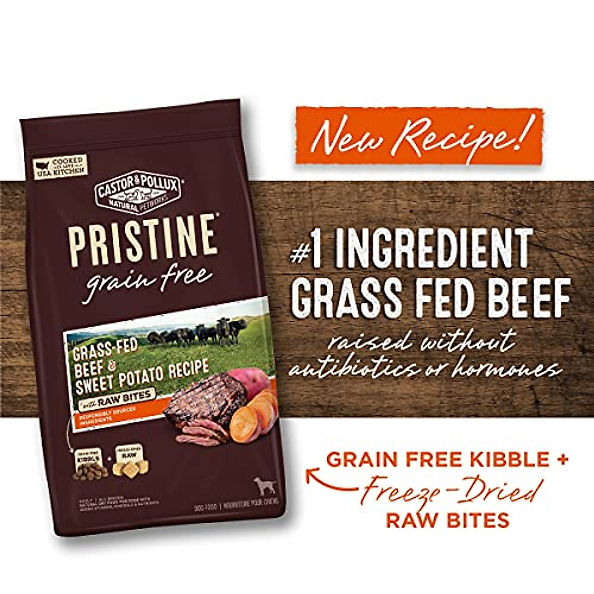 Castor & Pollux Pristine Grain Free Dry Dog Food Grass-Fed Beef & Sweet Potato Recipe with Raw Bites - 4 lb Bag