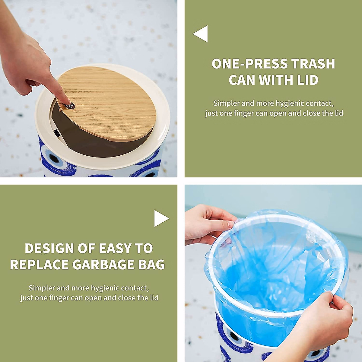 Small Trash Can with Lid for Bathroom Kitchen Office Diaper Blue Turkish evil eye seamless Greek evil eye Symbol protection Turkey Bedroom Garbage Trash Bin Dog Proof Waste Basket Cute Decorative